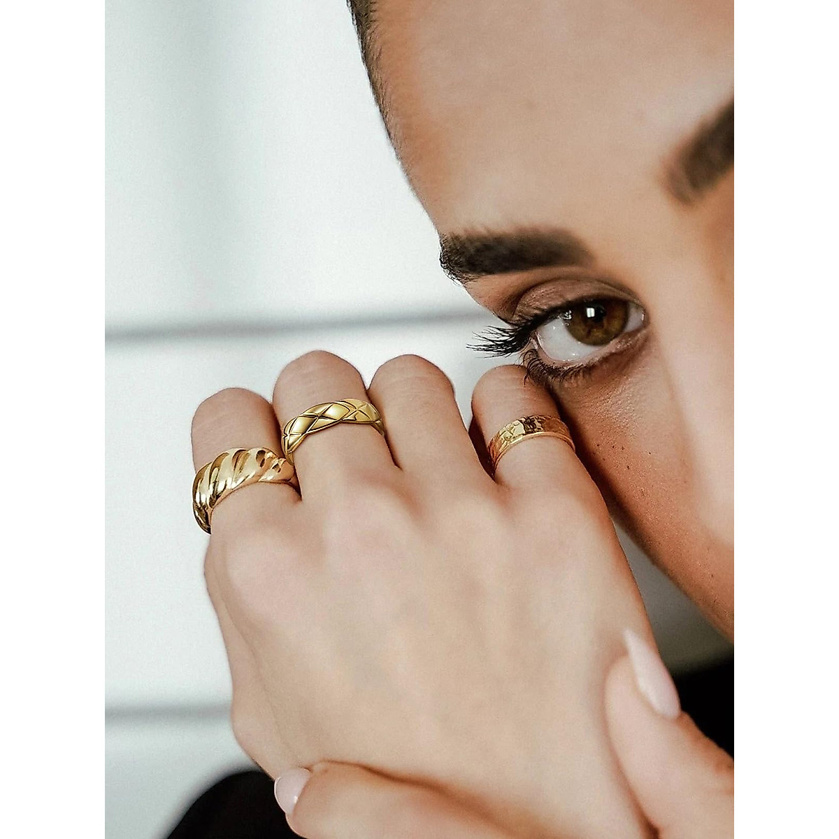 FOCALOOK Gold Ring 14K, Gold Rings for Women, Crush Wide Band Gold Ring, Wide Gold Band, Stacking Rings, Gold Wedding Band Minimalist Style (Gold, 7)