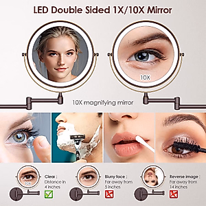 Rocollos Rechargeable Wall Mounted Lighted Makeup Mirror, 8 Inch Double-Sided LED Vanity Mirror 1X/10X Magnification,3 Color Lights Touch Screen Dimmable 360°Swivel 13 Inch Extendable
