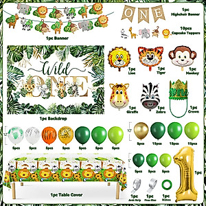Wild One Birthday Decorations for Boys, Safari First Birthday Decorations, include Backdrop, Tablecloth, Balloon Arch, Highchair Banner, Monthly Photo Banners, Crown, Jungle Animals Foil Balloons