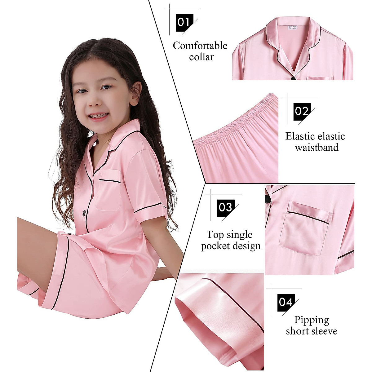 SWOMOG Kids Satin Pajamas Sets Girls Boys Button-Down Pjs Short Sleeve Silk Nightwear 2 Piece Lounge Sets Pink