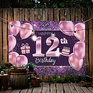 PAKBOOM Happy 12th Birthday Banner Backdrop - 12 Birthday Party Decorations Supplies for Girl - Pink Purple Gold 4 x 6ft