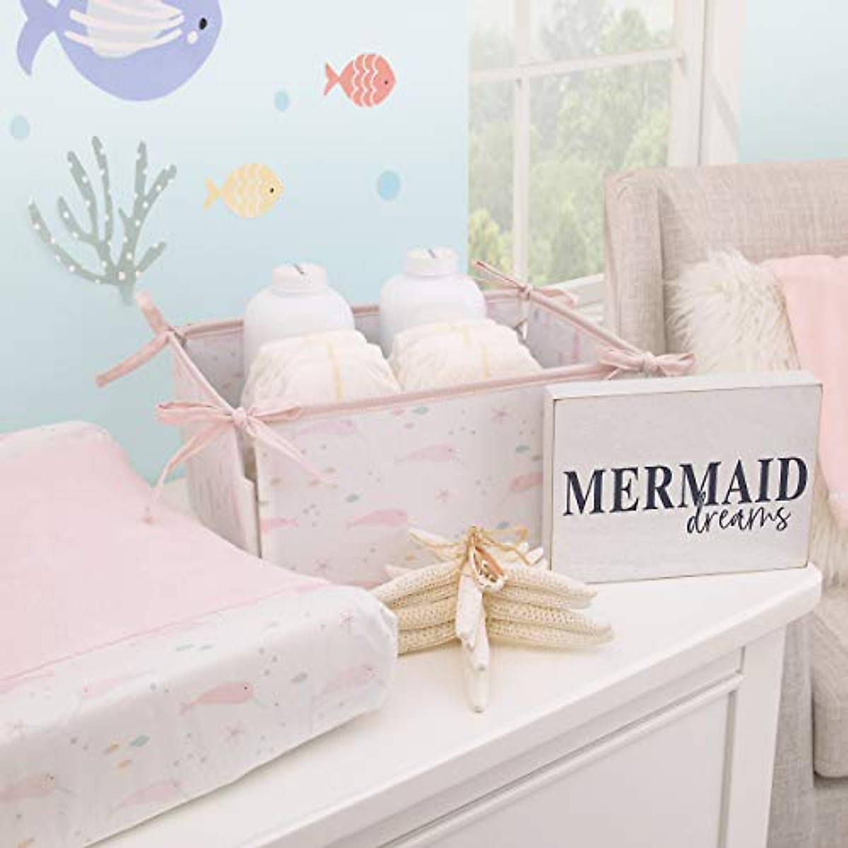 NoJo Under The Sea Whimsy Pink and Blue Whales and Narwhals 4 Piece Crib Bedding Set - Comforter, Fitted Crib Sheet, Dust Ruffle and Storage Bin