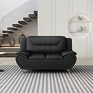 Container Furniture Direct Michael Modern Faux Leather Upholstered Stainless Steel Legs Living Room Loveseat, Midnight Black
