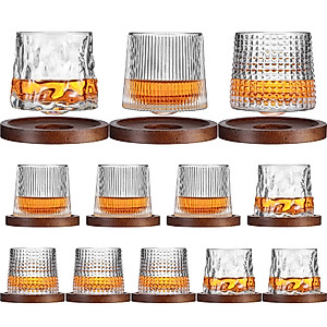 12 Pieces Whiskey Glasses Set Rotatable Old Fashioned Glasses with Creative Walnut Coasters, Whiskey Gifts for Men Husband Father's Day, Bourbon Glass Cups for Drinking Cocktails, Cognac