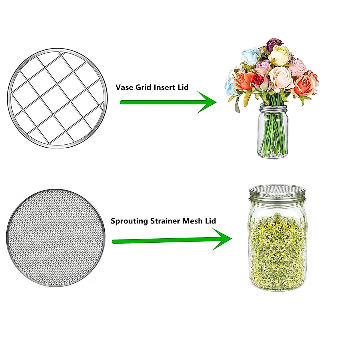 6 Pieces Mason Jar Wide Mouth Mesh Strainer Sprouting Lids Stainless Steel Flower Jar Insert Lids for Canning Jars Seed Sprouting Salad Sprouts & Flower Organizer Insert Lid Kit