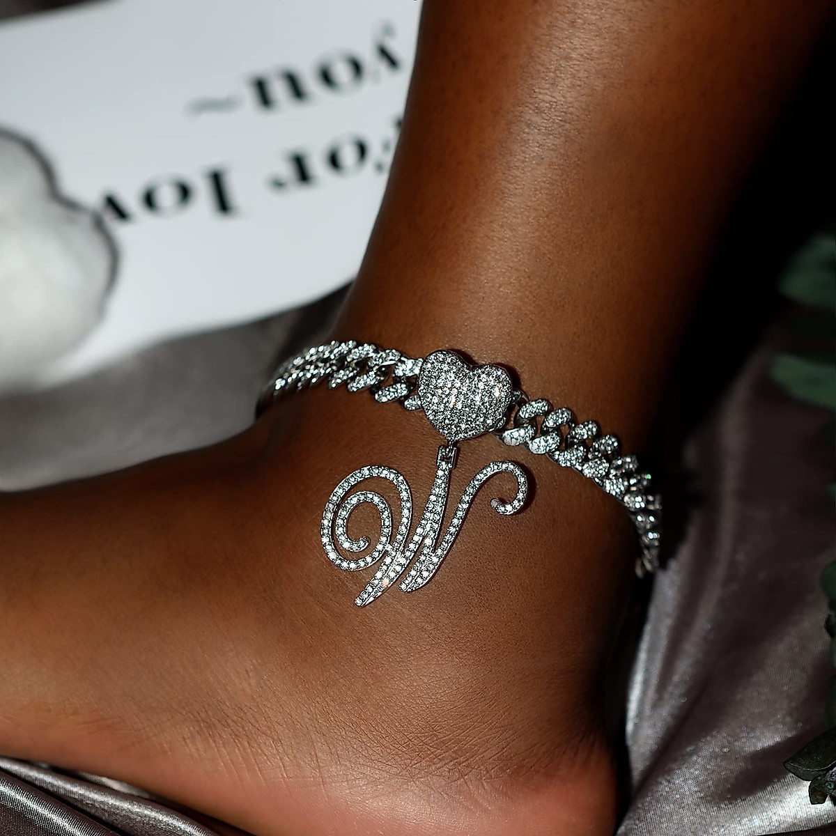 KKJTDS 13mm Silver Cuban Link Anklets for Women Cursive Pendant Miami Cuban Link Chain Ankle Bracelets for Women Hip Hop Iced Out Letter Chain Anklet (A)