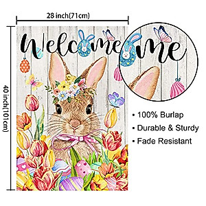 Easter Flag, Easter Flags for Outdoors 28 x 40 Double Sided, Burlap Welcome Easter House Flag with Bunny Eggs Tulips Flowers Spring Farmhouse Signs Banners for Outside Lawn Garden Décor