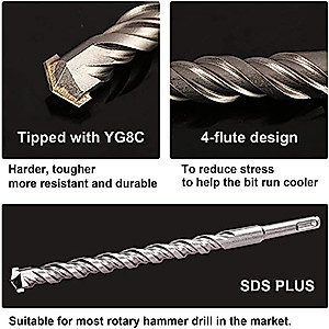 tonchean Rotary Hammer Drill Bits Set 17 PCS SDS Plus 40Cr Carbon Steel Concrete Masonry Chisel Set with Storage Carrying Case - 4 Flutes Drill Bit Carbide Tipped for Brick, Stone and Concrete