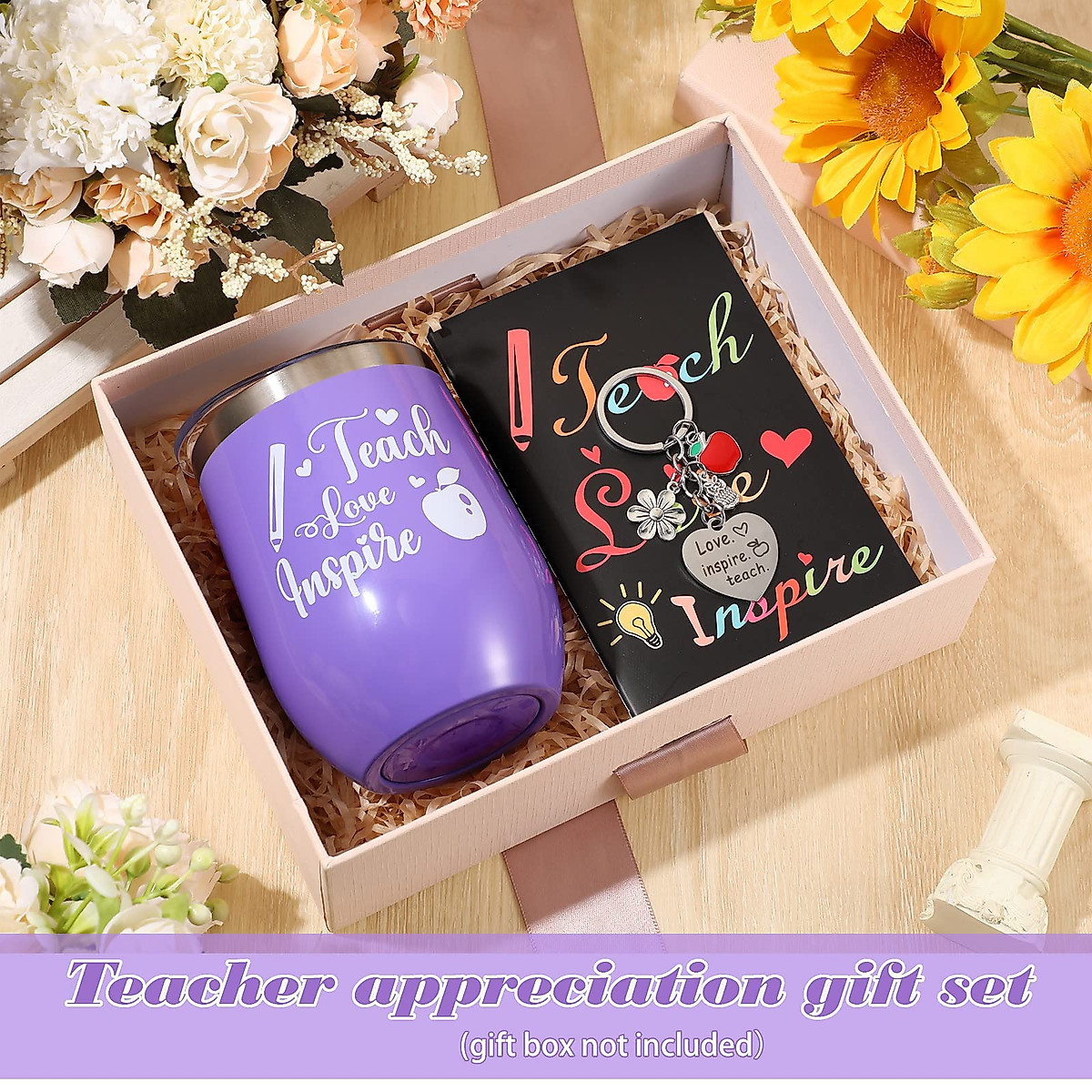 12 Pcs Teacher Appreciation Week Gifts in Bulk for Women, Teach Love Inspire Tumbler Set 12 oz Wine Cup with Mini Journal Notepads Keychains Teachers Day Gifts Graduation Retirement Gifts(Purple)