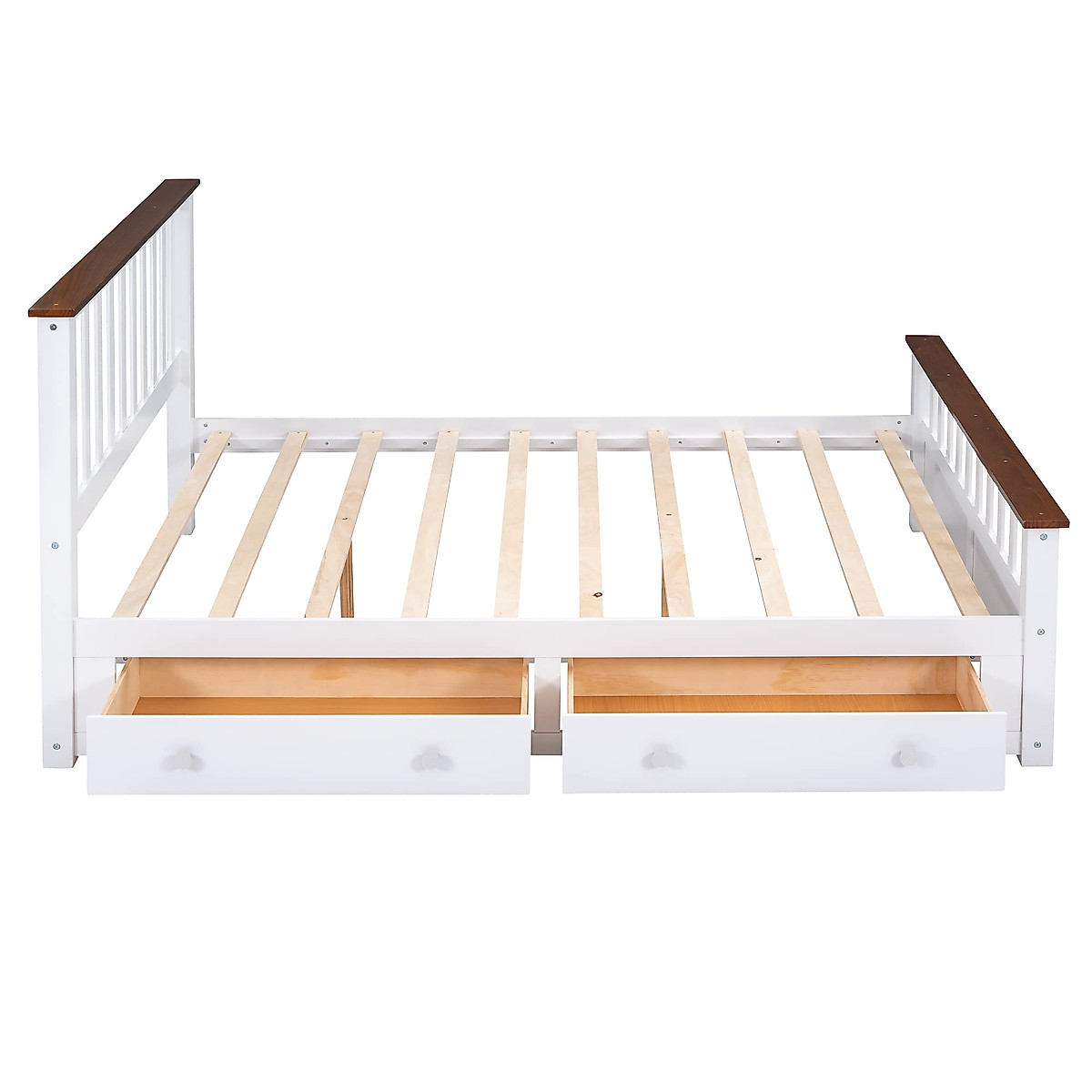 Bellemave Queen Bed Frame with 2 Storage Drawers Wood Platform Bed with Headboard & Footboard Panel Beds with Slats for Boys, Girls, Kids, Teens, White + Walnut