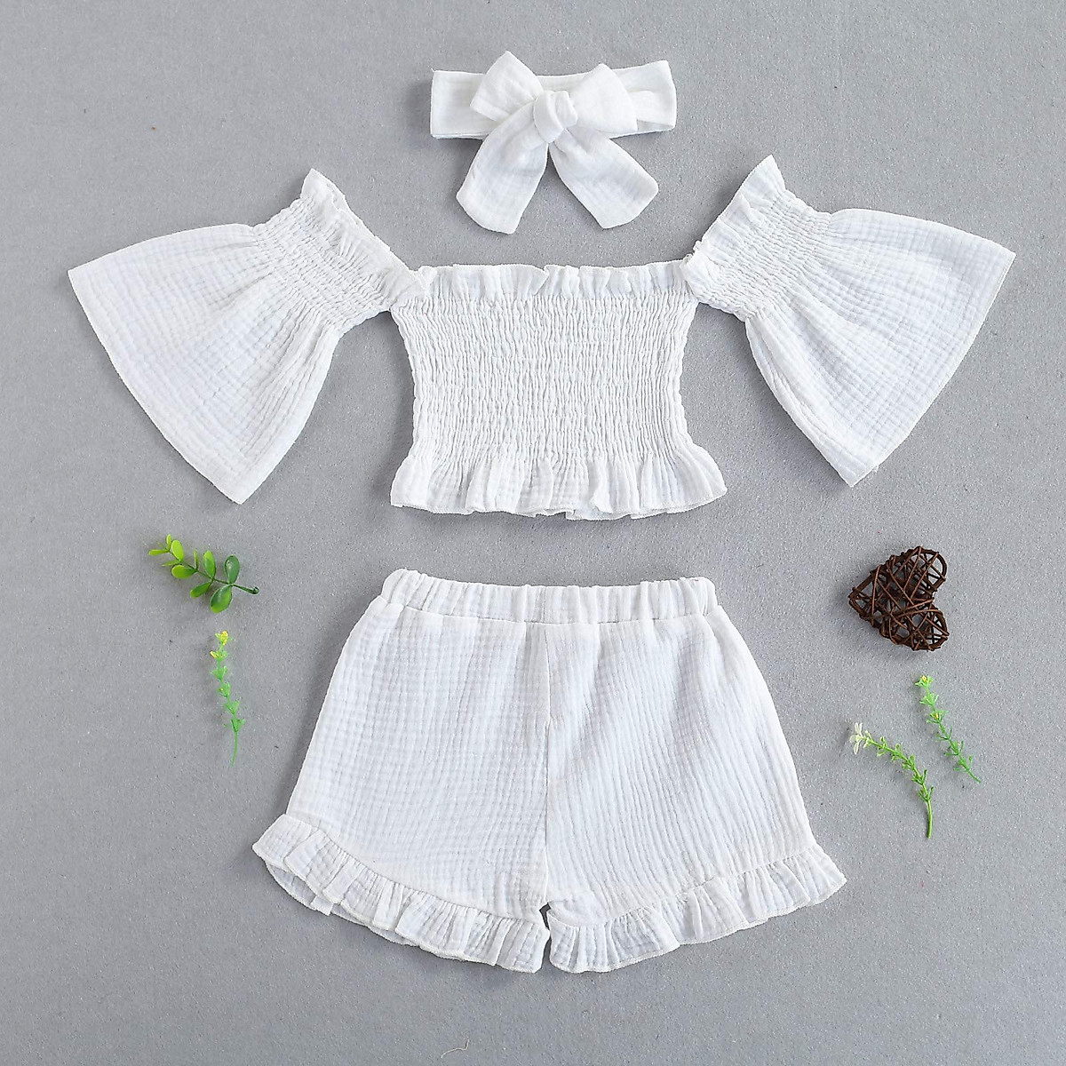 Kids Toddler Baby Girls Off Shoulder Flare Sleeve Tube Crop Top Shirt Ruffle Shorts Headband 3 Piece Summer Outfits (White,3-4T,)