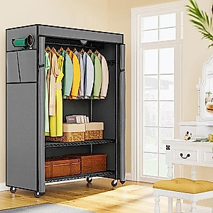 LEHOM G1C Heavy Duty Clothes Rack with Cover, Rolling Garment Rack for Hanging Clothes, Portable Closets with Oxford Fabric Cover, Freestanding Clothing Rack on Wheels, Storage Wardrobe for Bedroom