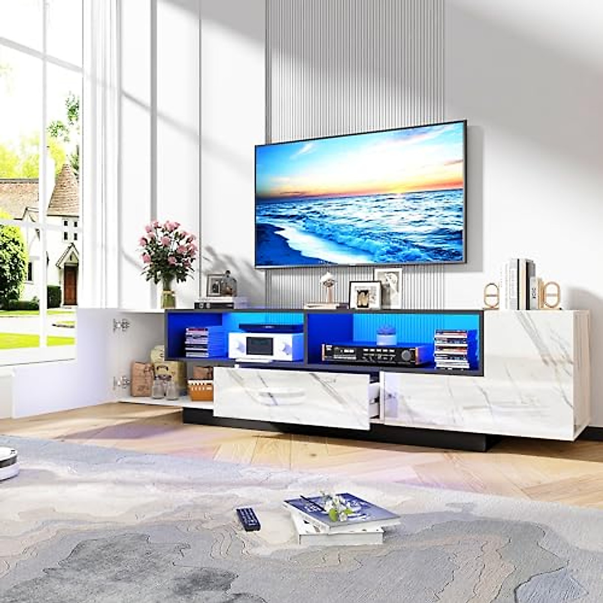 Uspeedy 70in White TV Stand for 75/80 inch TV,Modern LED TV Stand,High Gloss Entertainment Center with Large Storage Drawer,APP RGB Light,TV Console,Television Stands for Living Room(Marbling)