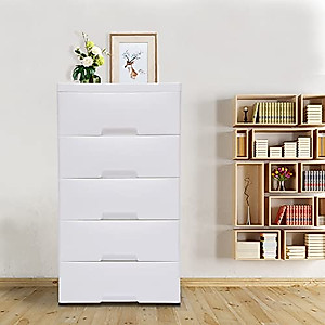 Gdrasuya10 Plastic Drawers Dresser, Storage Cabinet with 5 Drawers, Organizer Unit Stable Cart on Wheels Waterproof Plastic Cabinet with Locked Drawer for Bedroom Apartment, White