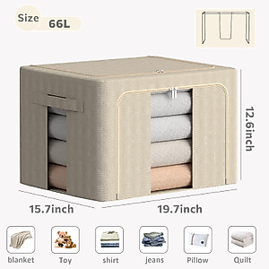 FHSQX Clothes Storage Organizer Bins- Stackable Storage Containers for Closet Foldable Storage Bins for Clothes with Clear Window & Carry Handles (Large-66L(19.7x15.7x12.6inch), Beige)