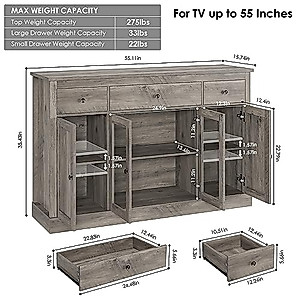 HOSTACK Sideboard Buffet Cabinet with Storage, 55" Large Kitchen Buffet Storage Cabinet with Drawers | Glass Doors, Modern Farmhouse Coffee Bar Cabinet, Wood Buffet Table Dining Room Cabinet, Ash Grey
