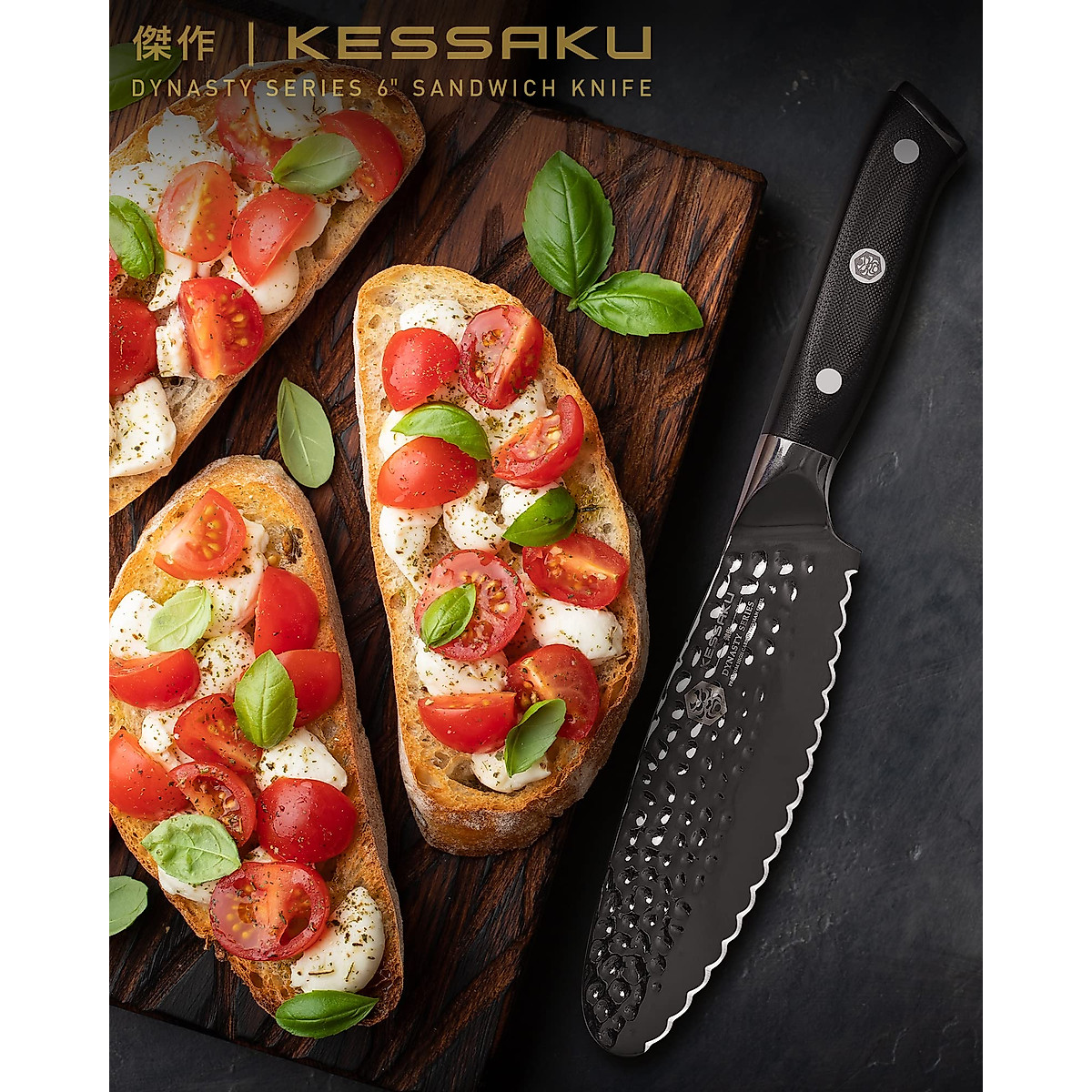 KESSAKU Spreader Sandwich Serrated Utility Knife - 6 inch - Dynasty Series - Razor Sharp Kitchen Knife - Forged ThyssenKrupp German High Carbon Stainless Steel - Hammered Finish - G10 Garolite Handle
