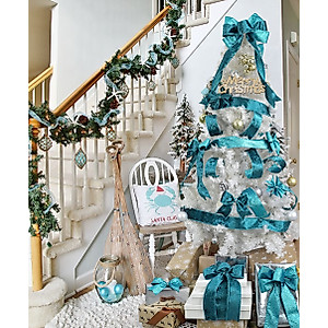 HUIHUANG Velvet Wired Ribbon Teal Ribbon Christmas Velvet Ribbon 2.5 inch Wide Turquoise Blue Metallic Glitter Ribbon for Christmas Tree Wreaths Gift Wrapping Bows Gralands Home Decor Crafts-10 Yards