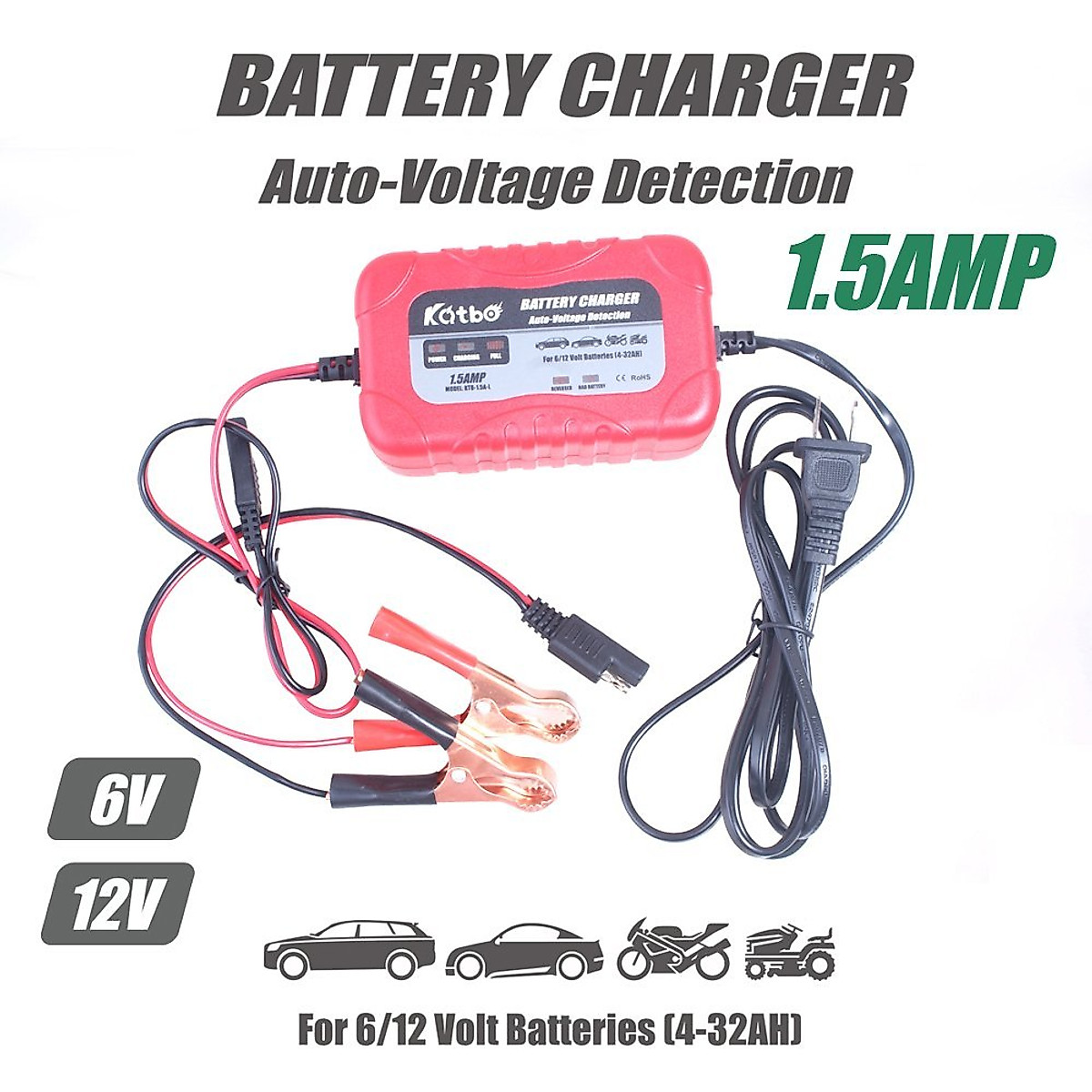 Katbo Battery Charger Automatic Maintainer 6V 12V Automatic Smart for Auto Car Motorcycle Lawn Mower ATVs RVs AGM Gel Lead Acid Batteries