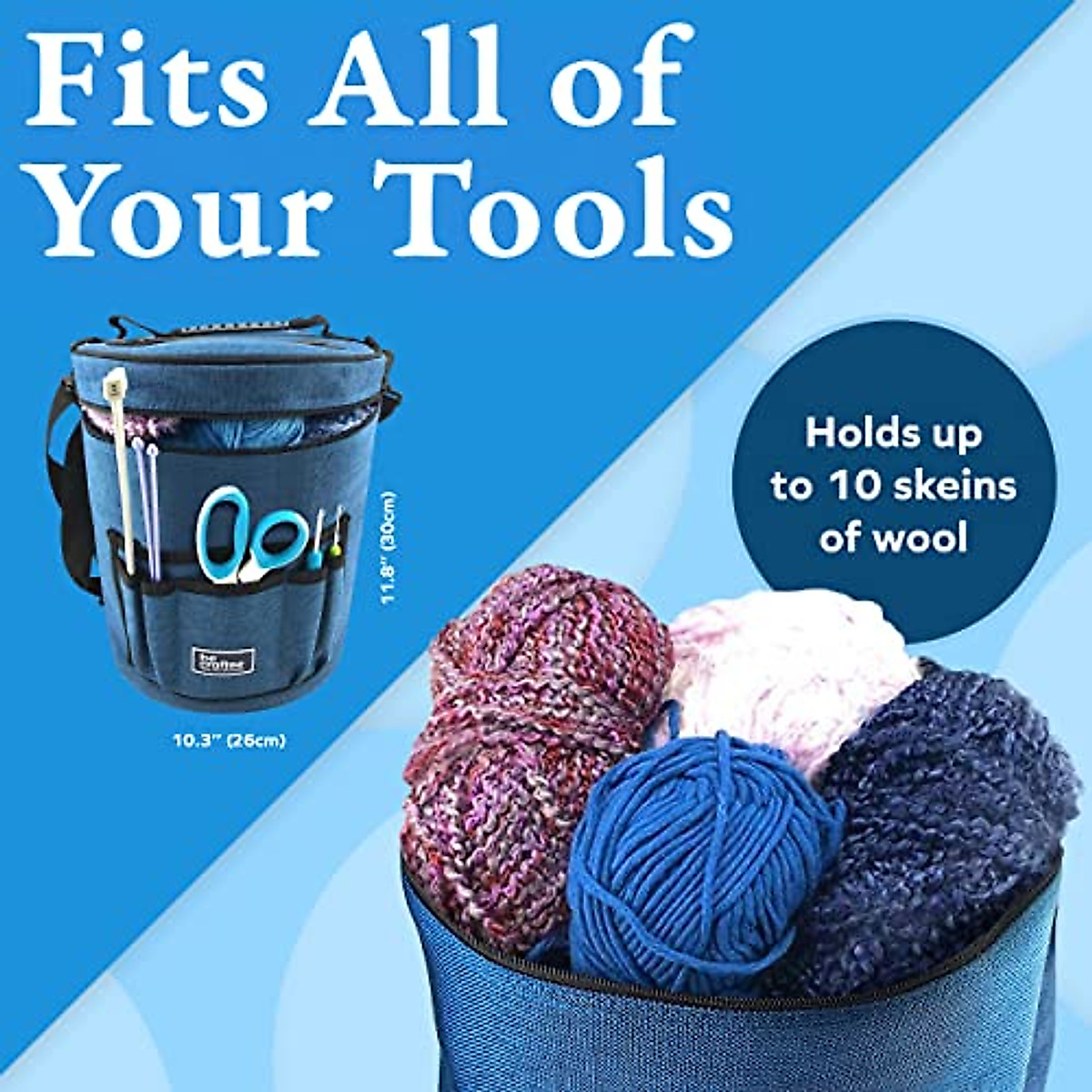 BeCraftee XL Crochet Bag - Large Craft Organizer to Store Crocheting & Knitting Supplies - Portable Yarn Storage with 7 Pockets for Tools, Shoulder Strap and Handle - Blue | Easy to Carry, Tangle Free