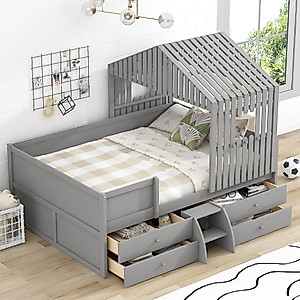 Harper & Bright Designs Full Size House Bed for Kids, Full Size Platform Bed with Storage Drawers and Roof, Hardwood Low Loft Bed Frame for Girls Boys (Gray)