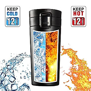Stainless Steel Water Bottle Vacuum Insulated travel Coffee Cup with Flip Lid wide mouth Double Walled leak proof flask keeps Hot & Cold 12 Hours BPA Free 13oz(Black)