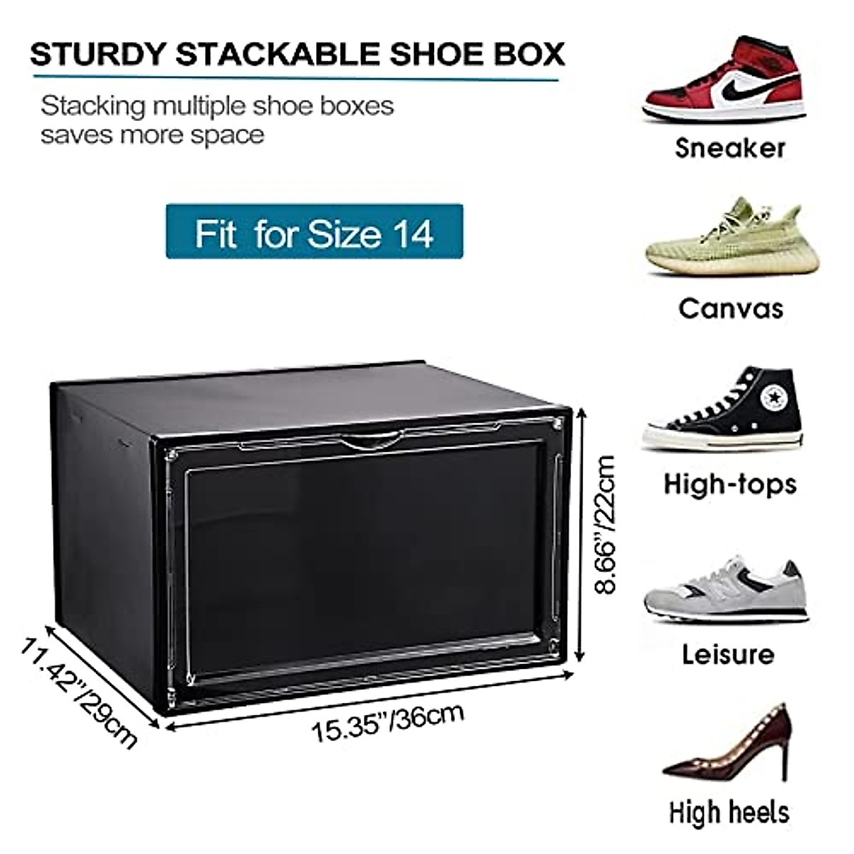 BSFHH Shoe Boxes, Stackable Plastic Sneaker Box Container, Magnetic Side Open Shoe Organizer Shoes Storage Case 15.35 x 11.42 x 8.66 inches (Transparency-12 Pack)