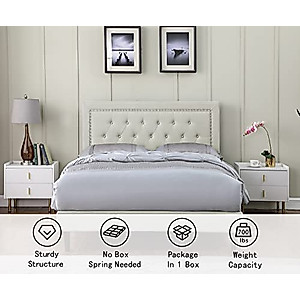 Full Upholstered Platform Bed Frame with 48" Tall Adjustable Headboard - Button Tufted Linen Velour Bed - Wood Slat Support with Storage Space - No Box Spring Needed - Beige - Oliver & Smith - Berlin