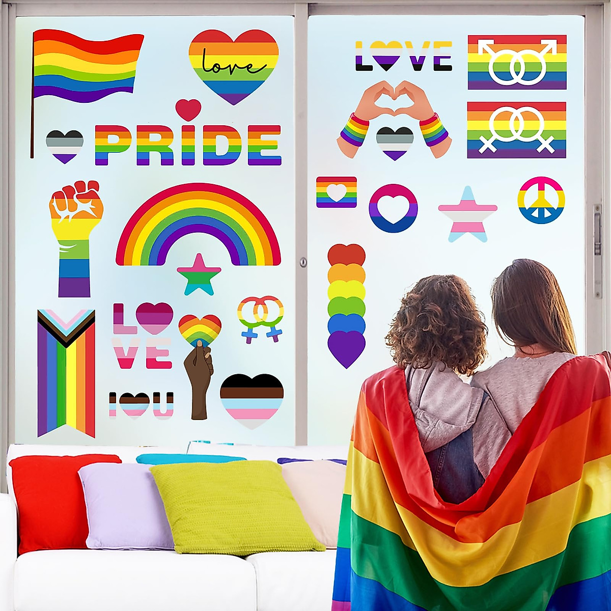 Mfault Gay Pride LGBTQ Rainbow Window Clings 4 Sheets, Progress Pride Flag Equality Diversity Love Hearts Stickers Decals Decorations, Lesbian Pansexual Bisexual Pride Month Home Kitchen Decor