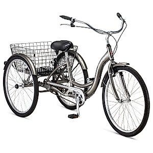 Schwinn Meridian Adult Tricycle Bike, Mens and Womens Three Wheel Beach Cruiser, 26-Inch Wheels, Low Step-Through Frame, Wide Seat, Rear Folding Basket, 1-Speed, Dark Silver