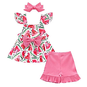 Dimoybabe Toddler Baby Girl Summer Clothes Knit Cotton Outfits Infant Short Set Sleeve Ruffle Ribbed Clothing Watermelon Red 2-3T 100CM