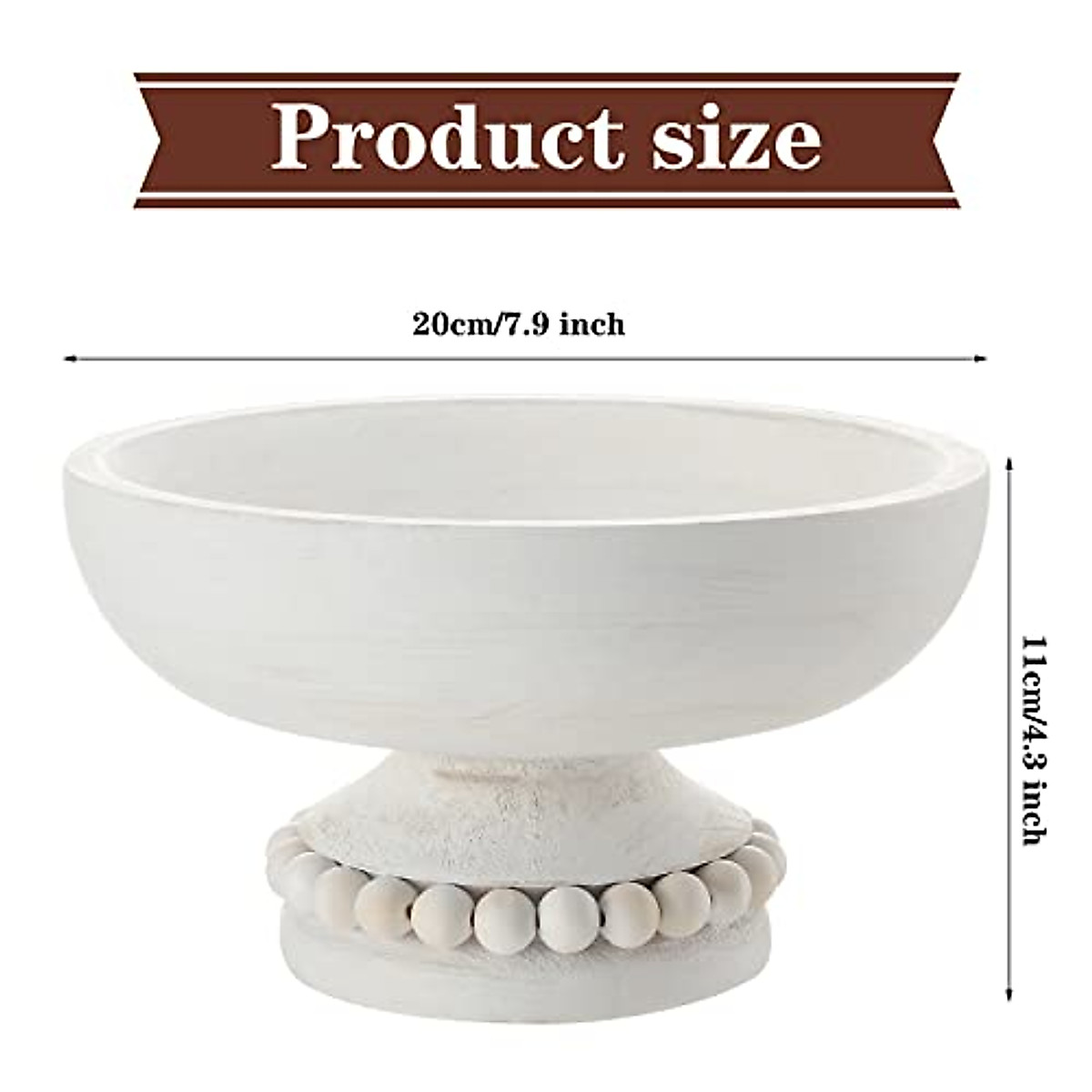 Amyhill Distressed Beaded Wood Pedestal Bowl Decorative Wooden Beaded Bowl White Wood Pedestal Bowl Beaded Serving Bowl for Farmhouse Kitchen Decor