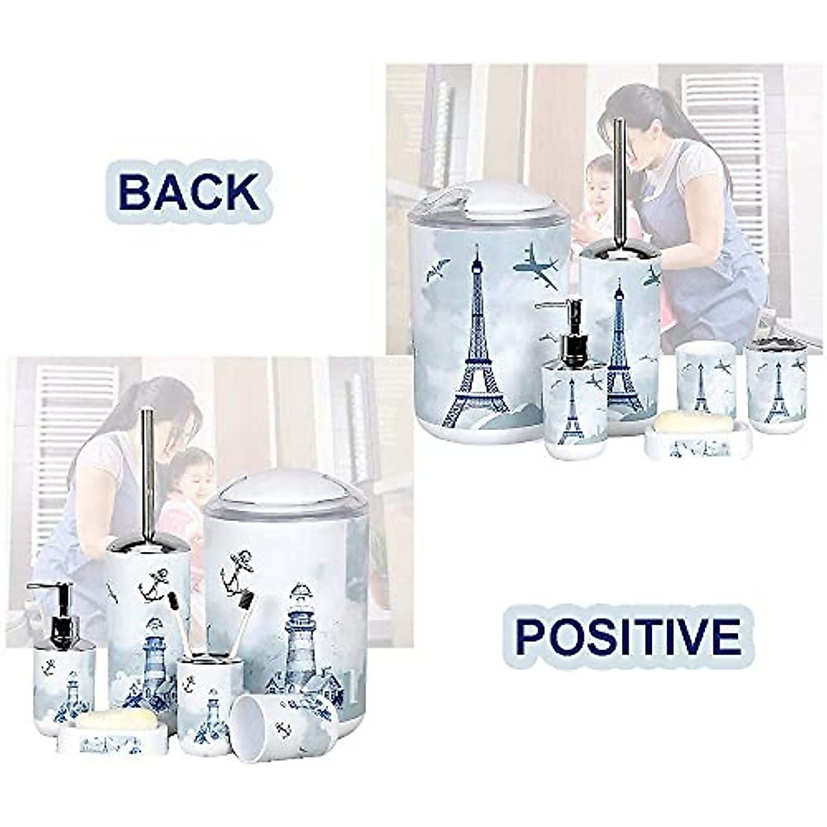 6 Piece Plastic Bathroom Accessory Set Luxury Lighthouse Bath Accessories Bath Set Lotion Bottles,Toothbrush Holder,Tooth Mug,Soap Dish,Toilet Brush,Rubbish for Modern Design