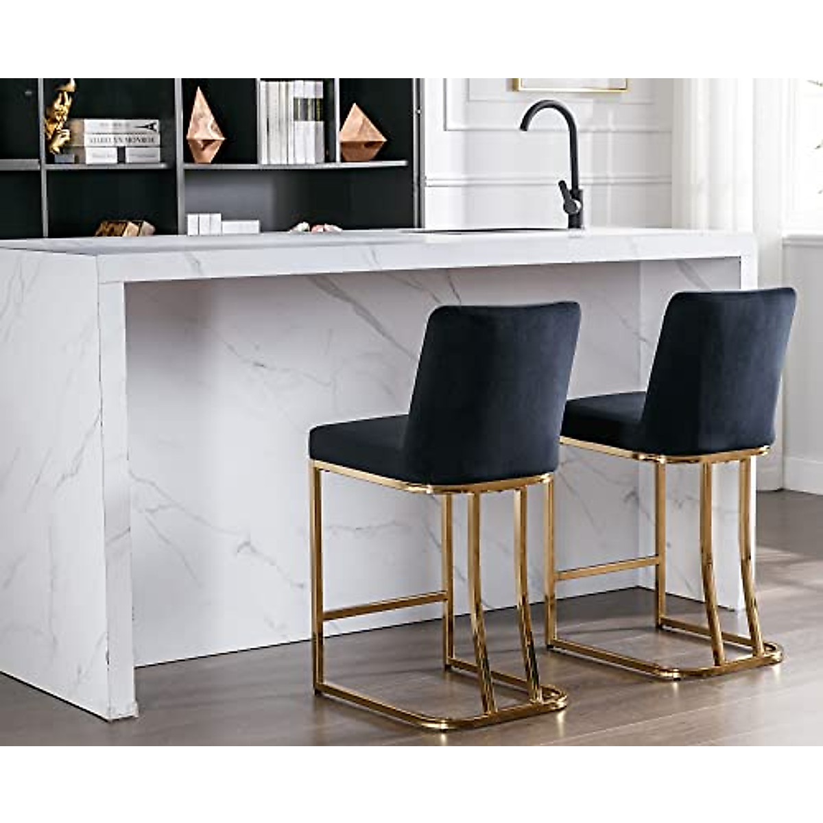 VESCASA 24" H Counter Height Barstools with Back, Mid Century Modern Velvet Upholstered Counter Stool Chairs with Gold Metal Frame for Kitchen Island, Bar, Pub, Set of 2, Black