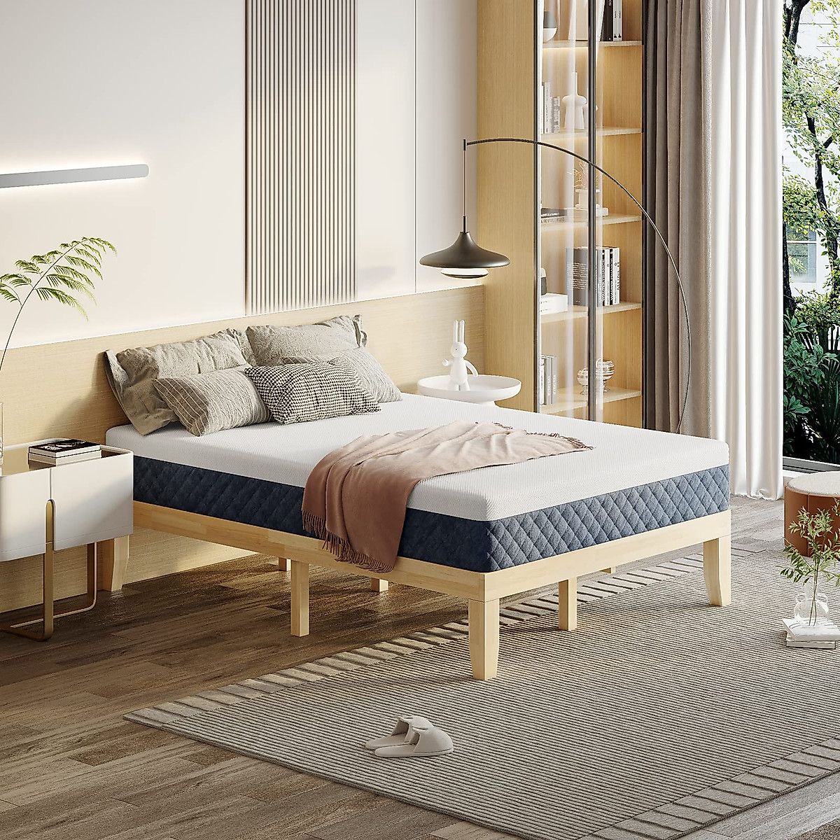 KOMFOTT 14 Inches Wood Platform Bed Frame Full Size, Solid Wood Mattress Foundation with Rubber Wood Frame, Strong Poplar Wood Slat Support, No Box Spring Needed, Bed Frame (Natural)