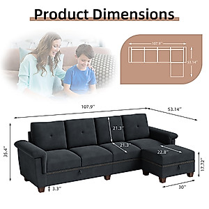 JAMFLY Sectional Couches for Living Room L Shaped Couch with Storage, 4-Seat Convertible Sectional Sofa Couch with Ottoman, Living Room Furniture Sets with Cup Holders, Dark Gray