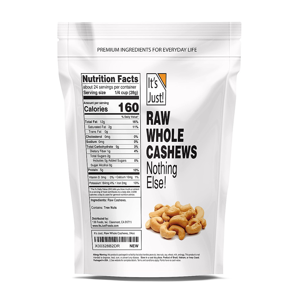 It's Just - Whole Cashews, Premium Fancy Nuts (Raw (Soft) / Unsalted, 1.5 Pound (Pack of 1))