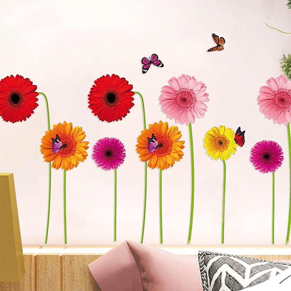 Maydahui 2 Sheets Gerbera Daisy Flowers Wall Decal 3D Floral Butterfly Wall Stickers (30*37 Inch) Peel & Stick Removable Modern Art Mural Decor for Kitchen Kids Bedroom Living Room(