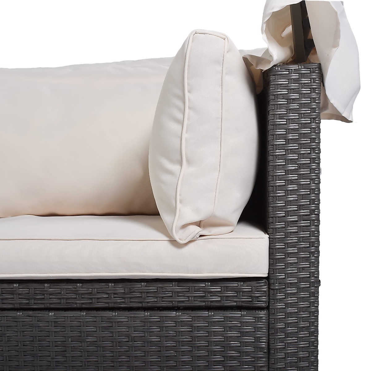 Merax 4 PCS Outdoor Patio Conversation Sets PE Wicker Sectional Sofa Rattan Daybed with Canopy, Lift Top Table, and Ottomans, Beige(New)