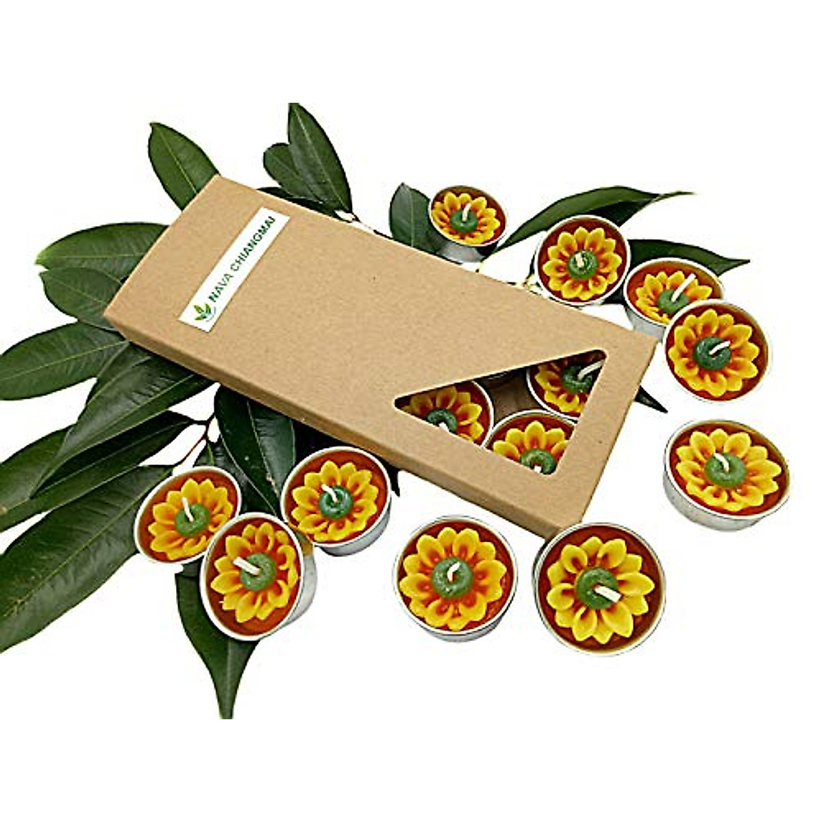 NAVA CHIANGMAI Flower Tealight Candles Scented Tea Lights Aromatherapy Relax Candles for Birthday Party Supplies and Wedding Favor Baby Shower Decorations Pack of 10 Pcs. (Sunflower)