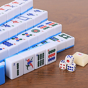 GUSTARIA Chinese Mahjong Set, Mahjong Game Set with 146 Numbered Large Tiles (1.5", Blue), Mahjongg Tiles Set with Brown Carrying Case (Mah Jongg, Majiang)