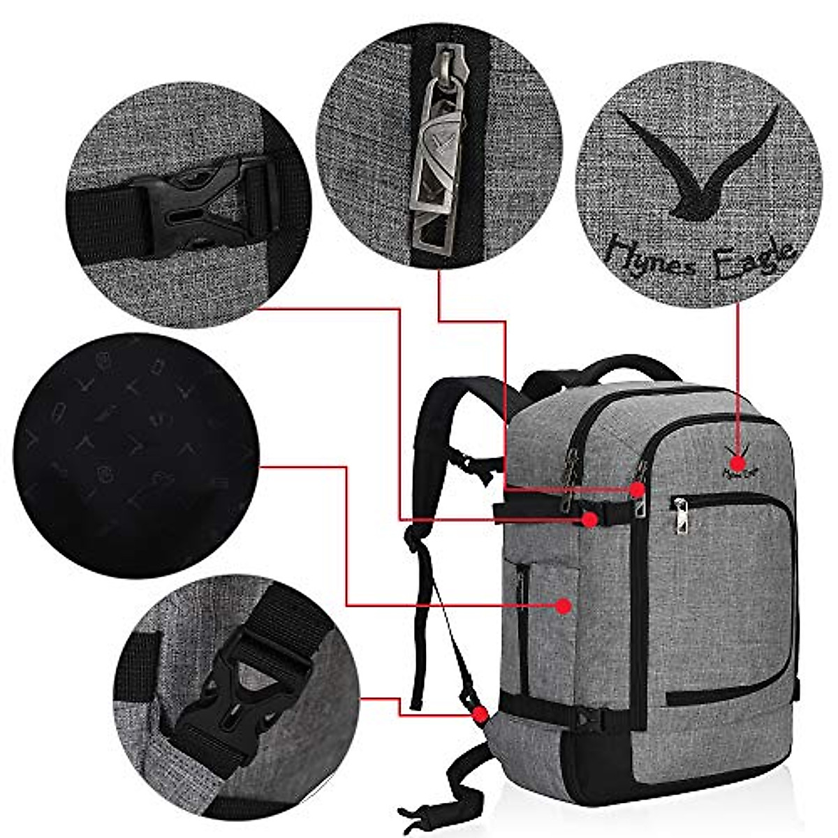 Hynes Eagle Travel Backpack 40L Flight Approved Carry on Backpack Light Grey with Black Electronics Organizer