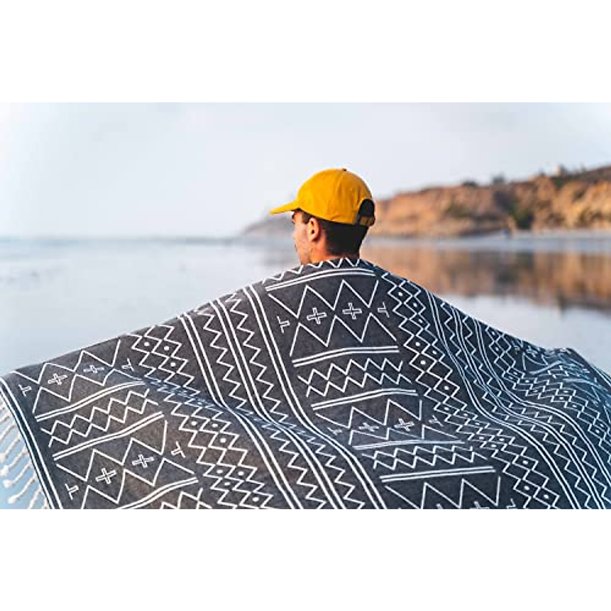 Organic Blanket Home Throw - Turkish Throw Light Weight Beach Blanket, Camping Blanket Picnic Blanket - 100 Cotton GOTS Blanket – Geometric (Black and Grey)