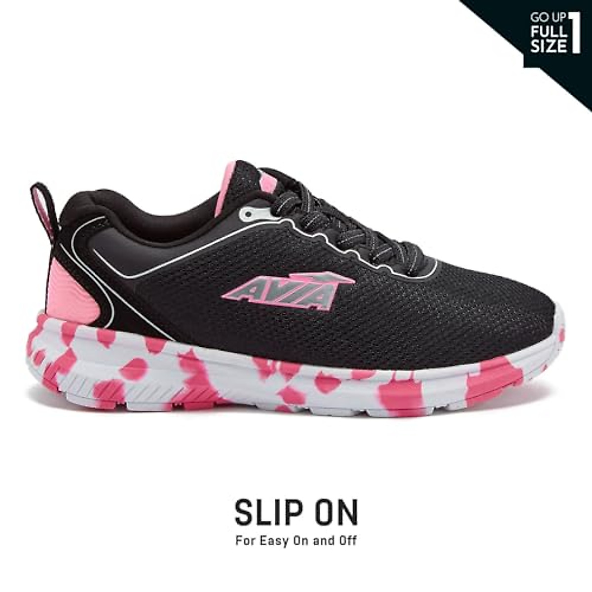 Avia Avi Factor Slip On Girls' Sneakers - Lightweight Tennis, Athletic, Running Shoes for Girls - Toddler, Little Kid, and Big Kid Sizes - Black/Pink/Grey, 2 Little Kid