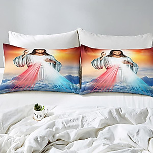 Erosebridal Jesus Comforter Set, Christian Easter Duvet Sets Full Size for Teens Adult Women Bedroom Decor, Mary Bless Down Comforter Religious Culture Quilted Duvet 3 Pieces with 2 Pillow Cases
