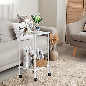 Vrisa End Tables Living Room Industrial Narrow Side Tables Nightstand with Wheels Bedside Table with Storage Shelves for Small Spaces Bedroom Living Room Guest Room Couch, White