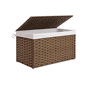StorageWorks Storage Basket with Lid, 160 Liter Storage Box, Wicker Blanket Storage Basket with Handles, Foldable, Removable Fabric Liner, Metal Frame, For Bedroom, Laundry Room, Brown