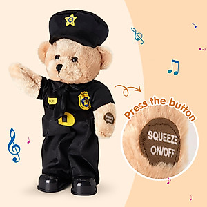 Houwsbaby 14" Electronic Police Teddy Bear Stuffed Animal Dancing Music Singing Waving Interactive Teddy Bear Plush Toy Presents for Kids Boys Girls Birthday