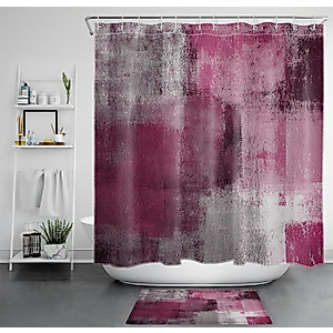 LB Pink and Grey Shower Curtain Sets with Rugs Country Retro Abstract Texture Geometric Pattern Fabric Shower Curtain with Hooks Modern Watercolor Bathroom Curtains Shower Set, 70x70 inches
