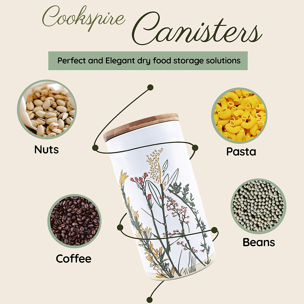 Cookspire 3-pc Porcelain Canister Set - Kitchen Storage Containers for Coffee, Sugar, Spice and Dry Food, Airtight containers, Versatile Sizes - White 8.3", Green 6.9", Blue 4.7"; Ideal Gift Set